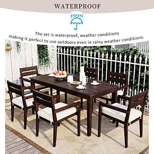 KELRIA Outdoor Dining Table 7-Piece Acacia Wood Tabletop and 6 Comfy Cushion Chairs Conversation Sets Suitable for Patio, Balcony, Courtyard, Poolside, Or Backyard, Dark Brown, Espresso