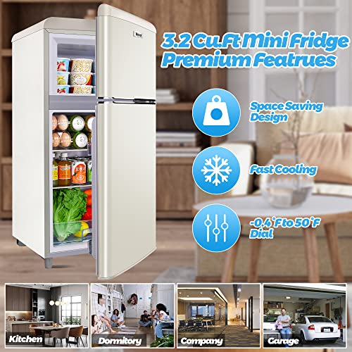 WANAI 3.2 Cu.Ft Mini Fridge with 2 Doors, Mini Fridge with Freezer, 40 dB Quiet, 7-Settings Mechanical Thermostat, Small Refrigerator for Bedroom Office, Dorm or Garage,Cream