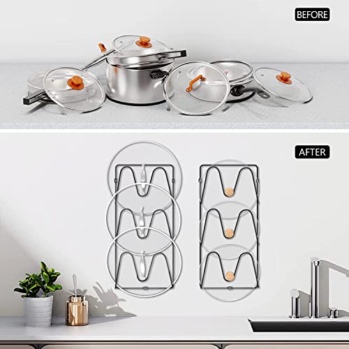 SGOOOD 2 Pack Pot Lid Organizer Rack - 3 Tier Pot Lids Holder No Drilling Adhesive Wall Mounted Lid Rack for Kitchen Cabinet Door Mounted Pot and Pan Covers Holder Rack, Black