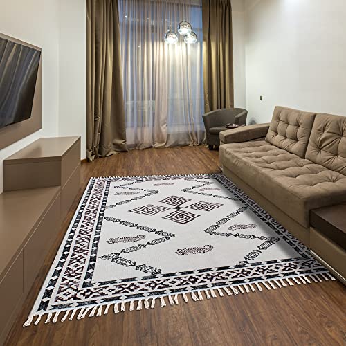 Casavani Hand Block Printed Rug Geometric Brown & Black Tassel Rug Easy Care Washable Rugs for Doormat Entryway Living Room Bedroom Hallway Balcony 9x15 Feet