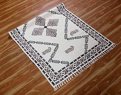 Casavani Hand Block Printed Rug Geometric Brown & Black Tassel Rug Easy Care Washable Rugs for Doormat Entryway Living Room Bedroom Hallway Balcony 9x15 Feet