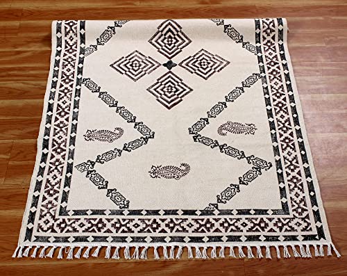 Casavani Hand Block Printed Rug Geometric Brown & Black Tassel Rug Easy Care Washable Rugs for Doormat Entryway Living Room Bedroom Hallway Balcony 9x15 Feet