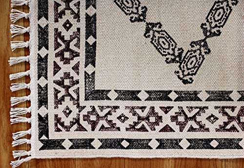 Casavani Hand Block Printed Rug Geometric Brown & Black Tassel Rug Easy Care Washable Rugs for Doormat Entryway Living Room Bedroom Hallway Balcony 9x15 Feet