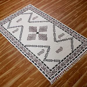 Casavani Hand Block Printed Rug Geometric Brown & Black Tassel Rug Easy Care Washable Rugs for Doormat Entryway Living Room Bedroom Hallway Balcony 9x15 Feet