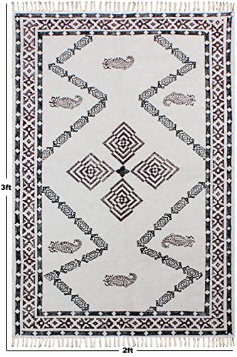 Casavani Hand Block Printed Rug Geometric Brown & Black Tassel Rug Easy Care Washable Rugs for Doormat Entryway Living Room Bedroom Hallway Balcony 9x15 Feet