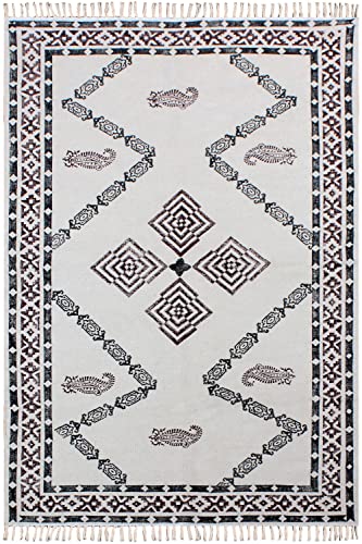 Casavani Hand Block Printed Rug Geometric Brown & Black Tassel Rug Easy Care Washable Rugs for Doormat Entryway Living Room Bedroom Hallway Balcony 9x15 Feet