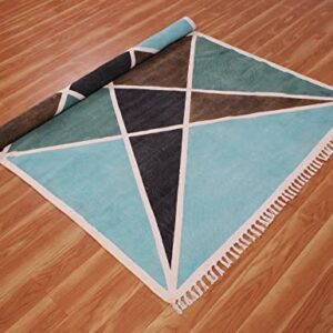 Casavani Hand Made Cotton Dhurrie Geometric Blue & Brown Tassel Rug Easy Care Washable Rugs for Doormat Entryway Living Room Bedroom Hallway Balcony 5x7 Feet