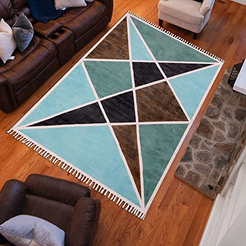 Casavani Hand Made Cotton Dhurrie Geometric Blue & Brown Tassel Rug Easy Care Washable Rugs for Doormat Entryway Living Room Bedroom Hallway Balcony 5x7 Feet