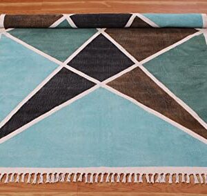 Casavani Hand Made Cotton Dhurrie Geometric Blue & Brown Tassel Rug Easy Care Washable Rugs for Doormat Entryway Living Room Bedroom Hallway Balcony 5x7 Feet