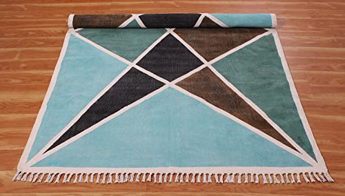 Casavani Hand Made Cotton Dhurrie Geometric Blue & Brown Tassel Rug Easy Care Washable Rugs for Doormat Entryway Living Room Bedroom Hallway Balcony 5x7 Feet