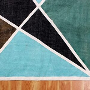 Casavani Hand Made Cotton Dhurrie Geometric Blue & Brown Tassel Rug Easy Care Washable Rugs for Doormat Entryway Living Room Bedroom Hallway Balcony 5x7 Feet