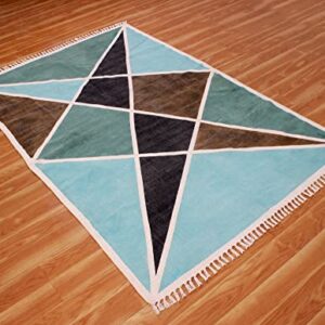 Casavani Hand Made Cotton Dhurrie Geometric Blue & Brown Tassel Rug Easy Care Washable Rugs for Doormat Entryway Living Room Bedroom Hallway Balcony 5x7 Feet