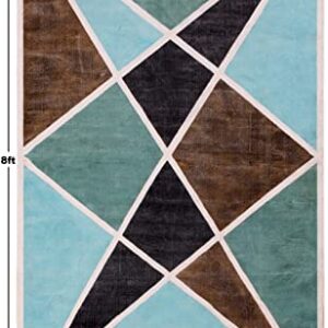 Casavani Hand Made Cotton Dhurrie Geometric Blue & Brown Tassel Rug Easy Care Washable Rugs for Doormat Entryway Living Room Bedroom Hallway Balcony 5x7 Feet