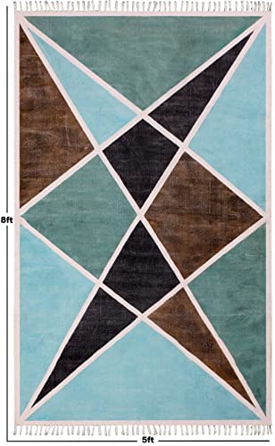 Casavani Hand Made Cotton Dhurrie Geometric Blue & Brown Tassel Rug Easy Care Washable Rugs for Doormat Entryway Living Room Bedroom Hallway Balcony 5x7 Feet