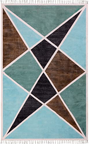 Casavani Hand Made Cotton Dhurrie Geometric Blue & Brown Tassel Rug Easy Care Washable Rugs for Doormat Entryway Living Room Bedroom Hallway Balcony 5x7 Feet