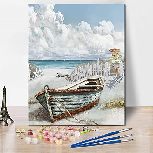 TUMOVO Adult Paint by Number Beach and Boat Painting by Numbers for Beginner, Coloured Oil Painting Acrylic Painting Kit, Wooden Ship Paint by Numbers for Home Wall Decor 16x20 Inches