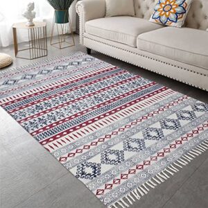 casavani hand block printed cotton dhurrie geometric red & black area rug doormat floor rug indoor area rugs for bedroom living room laundry room 3x5 feet