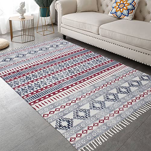 Casavani Hand Block Printed Cotton Dhurrie Geometric Red & Black Area Rug Doormat Floor Rug Indoor Area Rugs for Bedroom Living Room Laundry Room 3x5 Feet