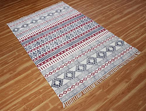 Casavani Hand Block Printed Cotton Dhurrie Geometric Red & Black Area Rug Doormat Floor Rug Indoor Area Rugs for Bedroom Living Room Laundry Room 3x5 Feet