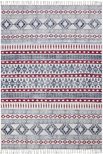 Casavani Hand Block Printed Cotton Dhurrie Geometric Red & Black Area Rug Doormat Floor Rug Indoor Area Rugs for Bedroom Living Room Laundry Room 3x5 Feet