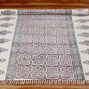 Casavani Hand Block Printed Cotton Dhurrie Geometric Brown & Black Tassel Rug Easy Care Washable Rugs for Doormat Entryway Living Room Bedroom Hallway Balcony 9x9 Feet Square