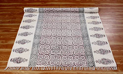 Casavani Hand Block Printed Cotton Dhurrie Geometric Brown & Black Tassel Rug Easy Care Washable Rugs for Doormat Entryway Living Room Bedroom Hallway Balcony 9x9 Feet Square