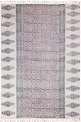 Casavani Hand Block Printed Cotton Dhurrie Geometric Brown & Black Tassel Rug Easy Care Washable Rugs for Doormat Entryway Living Room Bedroom Hallway Balcony 9x9 Feet Square