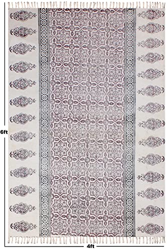 Casavani Hand Block Printed Cotton Dhurrie Geometric Brown & Black Tassel Rug Easy Care Washable Rugs for Doormat Entryway Living Room Bedroom Hallway Balcony 9x9 Feet Square