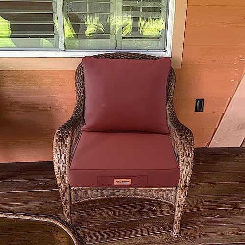 Faible Poisson Outdoor Chair Cushions, 20 x 20 Inch Waterproof Patio Furniture Back & Deep Seat Cushion Set with Handle and Anti-Slip Straps for Indoor Garden Camping, Plain Brick Red