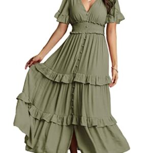 Amegoya Women's Summer Boho Tiered Maxi Dress V Neck Smocked Hight Waist Long Flowy Dress (Army Green S)