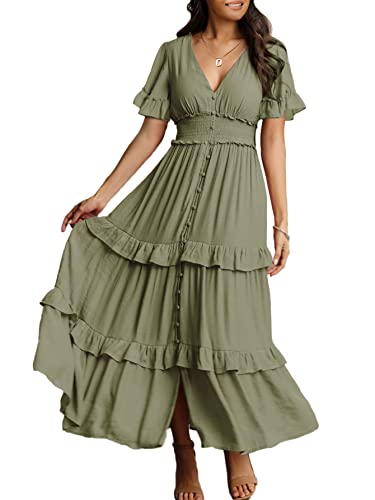 Amegoya Women's Summer Boho Tiered Maxi Dress V Neck Smocked Hight Waist Long Flowy Dress (Army Green S)