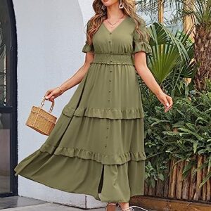 Amegoya Women's Summer Boho Tiered Maxi Dress V Neck Smocked Hight Waist Long Flowy Dress (Army Green S)