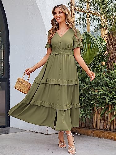 Amegoya Women's Summer Boho Tiered Maxi Dress V Neck Smocked Hight Waist Long Flowy Dress (Army Green S)