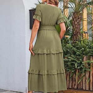 Amegoya Women's Summer Boho Tiered Maxi Dress V Neck Smocked Hight Waist Long Flowy Dress (Army Green S)