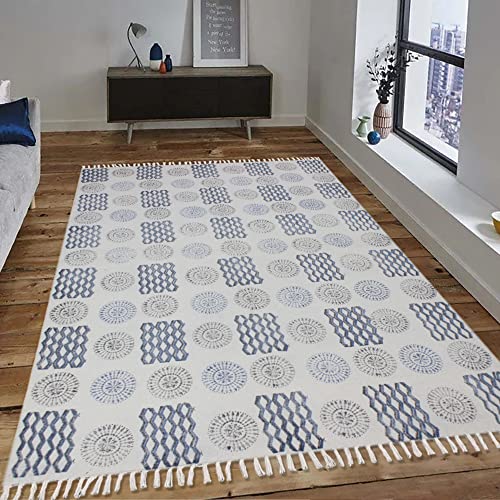 Casavani Hand Block Printed Rug Abstract Blue & Beige Tassel Rug Easy Care Washable Rugs for Doormat Entryway Living Room Bedroom Hallway Balcony 2.6x8 Feet Runner