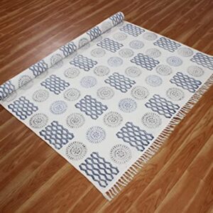 Casavani Hand Block Printed Rug Abstract Blue & Beige Tassel Rug Easy Care Washable Rugs for Doormat Entryway Living Room Bedroom Hallway Balcony 2.6x8 Feet Runner