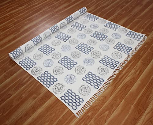 Casavani Hand Block Printed Rug Abstract Blue & Beige Tassel Rug Easy Care Washable Rugs for Doormat Entryway Living Room Bedroom Hallway Balcony 2.6x8 Feet Runner