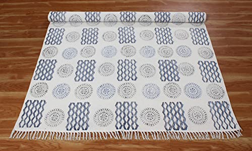 Casavani Hand Block Printed Rug Abstract Blue & Beige Tassel Rug Easy Care Washable Rugs for Doormat Entryway Living Room Bedroom Hallway Balcony 2.6x8 Feet Runner