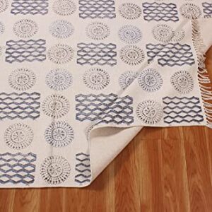 Casavani Hand Block Printed Rug Abstract Blue & Beige Tassel Rug Easy Care Washable Rugs for Doormat Entryway Living Room Bedroom Hallway Balcony 2.6x8 Feet Runner