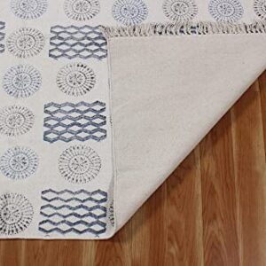 Casavani Hand Block Printed Rug Abstract Blue & Beige Tassel Rug Easy Care Washable Rugs for Doormat Entryway Living Room Bedroom Hallway Balcony 2.6x8 Feet Runner