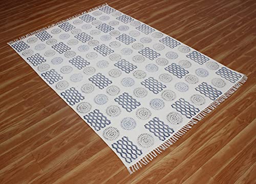 Casavani Hand Block Printed Rug Abstract Blue & Beige Tassel Rug Easy Care Washable Rugs for Doormat Entryway Living Room Bedroom Hallway Balcony 2.6x8 Feet Runner