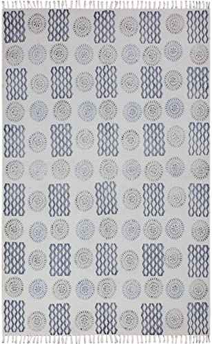 Casavani Hand Block Printed Rug Abstract Blue & Beige Tassel Rug Easy Care Washable Rugs for Doormat Entryway Living Room Bedroom Hallway Balcony 2.6x8 Feet Runner