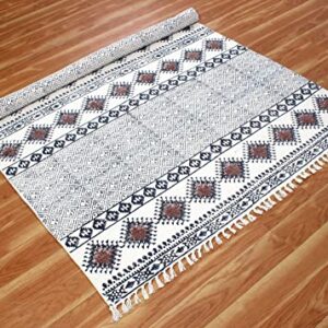 Casavani Indian Handmade Cotton Dhurrie Geometric Brown & Gray Area Rug Boho Kilim Flat Weave Rug Indoor Hall Room Decor Carpet Throw Rugs for Bedroom Living Room Bathroom Balcony 5x8 Feet