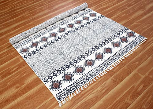 Casavani Indian Handmade Cotton Dhurrie Geometric Brown & Gray Area Rug Boho Kilim Flat Weave Rug Indoor Hall Room Decor Carpet Throw Rugs for Bedroom Living Room Bathroom Balcony 5x8 Feet