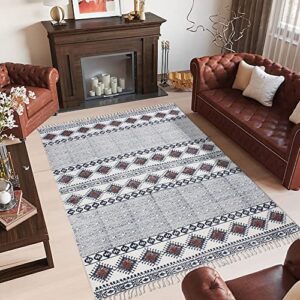 casavani indian handmade cotton dhurrie geometric brown & gray area rug boho kilim flat weave rug indoor hall room decor carpet throw rugs for bedroom living room bathroom balcony 5x8 feet