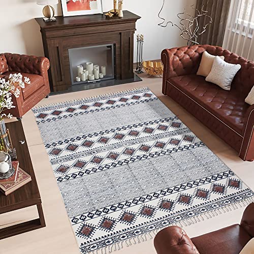 Casavani Indian Handmade Cotton Dhurrie Geometric Brown & Gray Area Rug Boho Kilim Flat Weave Rug Indoor Hall Room Decor Carpet Throw Rugs for Bedroom Living Room Bathroom Balcony 5x8 Feet