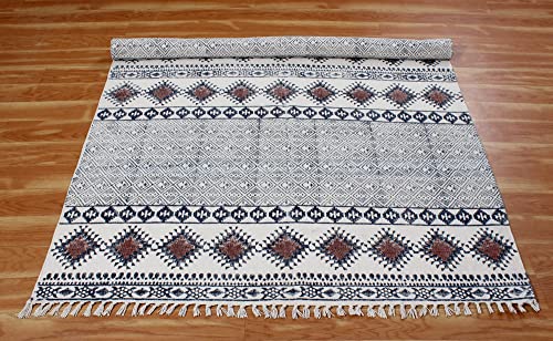 Casavani Indian Handmade Cotton Dhurrie Geometric Brown & Gray Area Rug Boho Kilim Flat Weave Rug Indoor Hall Room Decor Carpet Throw Rugs for Bedroom Living Room Bathroom Balcony 5x8 Feet