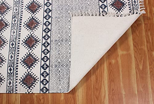 Casavani Indian Handmade Cotton Dhurrie Geometric Brown & Gray Area Rug Boho Kilim Flat Weave Rug Indoor Hall Room Decor Carpet Throw Rugs for Bedroom Living Room Bathroom Balcony 5x8 Feet