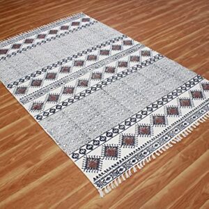 Casavani Indian Handmade Cotton Dhurrie Geometric Brown & Gray Area Rug Boho Kilim Flat Weave Rug Indoor Hall Room Decor Carpet Throw Rugs for Bedroom Living Room Bathroom Balcony 5x8 Feet