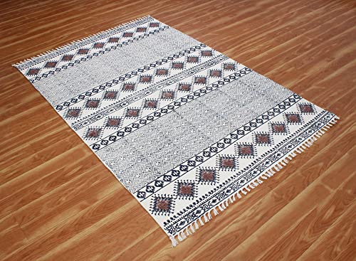 Casavani Indian Handmade Cotton Dhurrie Geometric Brown & Gray Area Rug Boho Kilim Flat Weave Rug Indoor Hall Room Decor Carpet Throw Rugs for Bedroom Living Room Bathroom Balcony 5x8 Feet